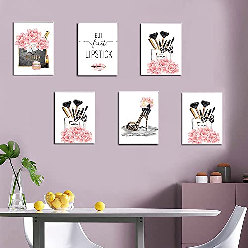 IEVEY Pink Wall Decor Prints(6pcs), Paris Decor for Bedroom,Pink Bathroom Decor Modern Art Posters,Perfume Lipstick Makeup Cuadros Para Baños Artwork Girls Room