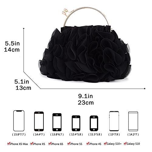Yokawe Floral Clutch Purses for Women Satin Flower Evening Bag Party Prom Handbags (Black)