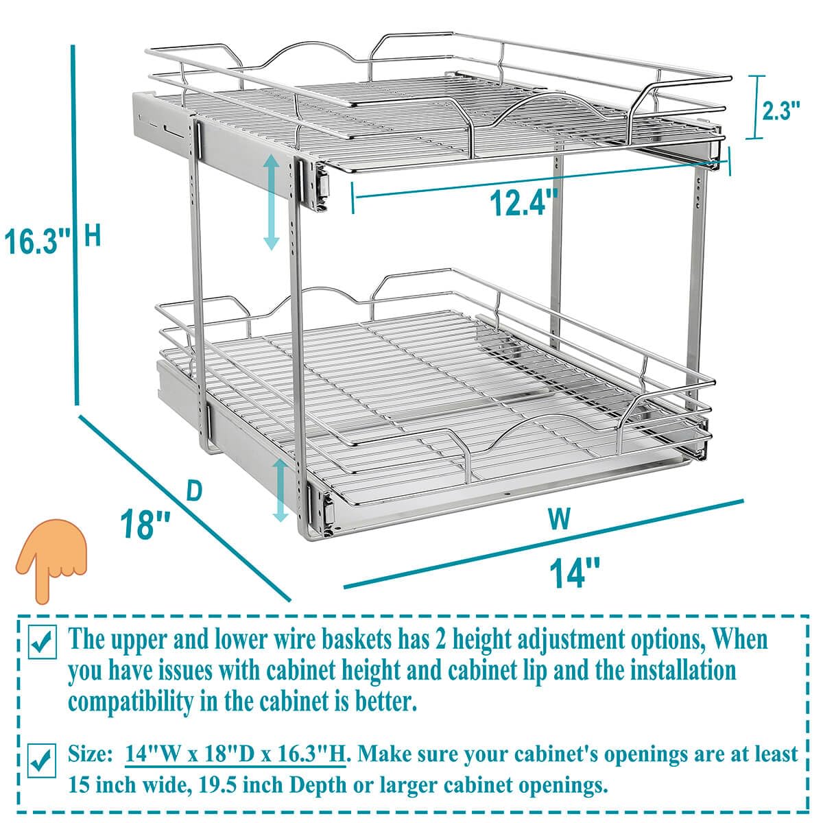 OCG 2 Tier Pull Out Cabinet Organizer (14" W x 18" D), Pull Out Shelves for Kitchen Cabinets, Pull Out Drawers for Base Cabinet Organization in Kitchen Bathroom Pantry, Chrome Finish