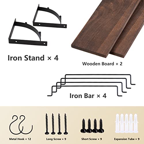 LAVIEVERT Floating Shelves Wall Mounted, Rustic Wood Shelves with 2 Towel Bars and 12 Removable Hooks, Decor Storage Shelves for Bedroom, Living Room, Bathroom, Kitchen, Office - Set of 2