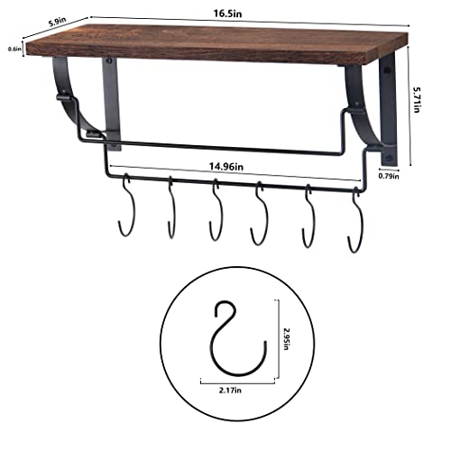 LAVIEVERT Floating Shelves Wall Mounted, Rustic Wood Shelves with 2 Towel Bars and 12 Removable Hooks, Decor Storage Shelves for Bedroom, Living Room, Bathroom, Kitchen, Office - Set of 2