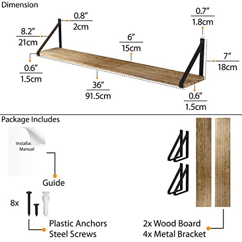 Wallniture Bora 36 Inch Large Floating Shelves for Wall, Floating Bookshelf, Plant Shelf Set of 2, Burned Wood Wall Shelves for Living Room