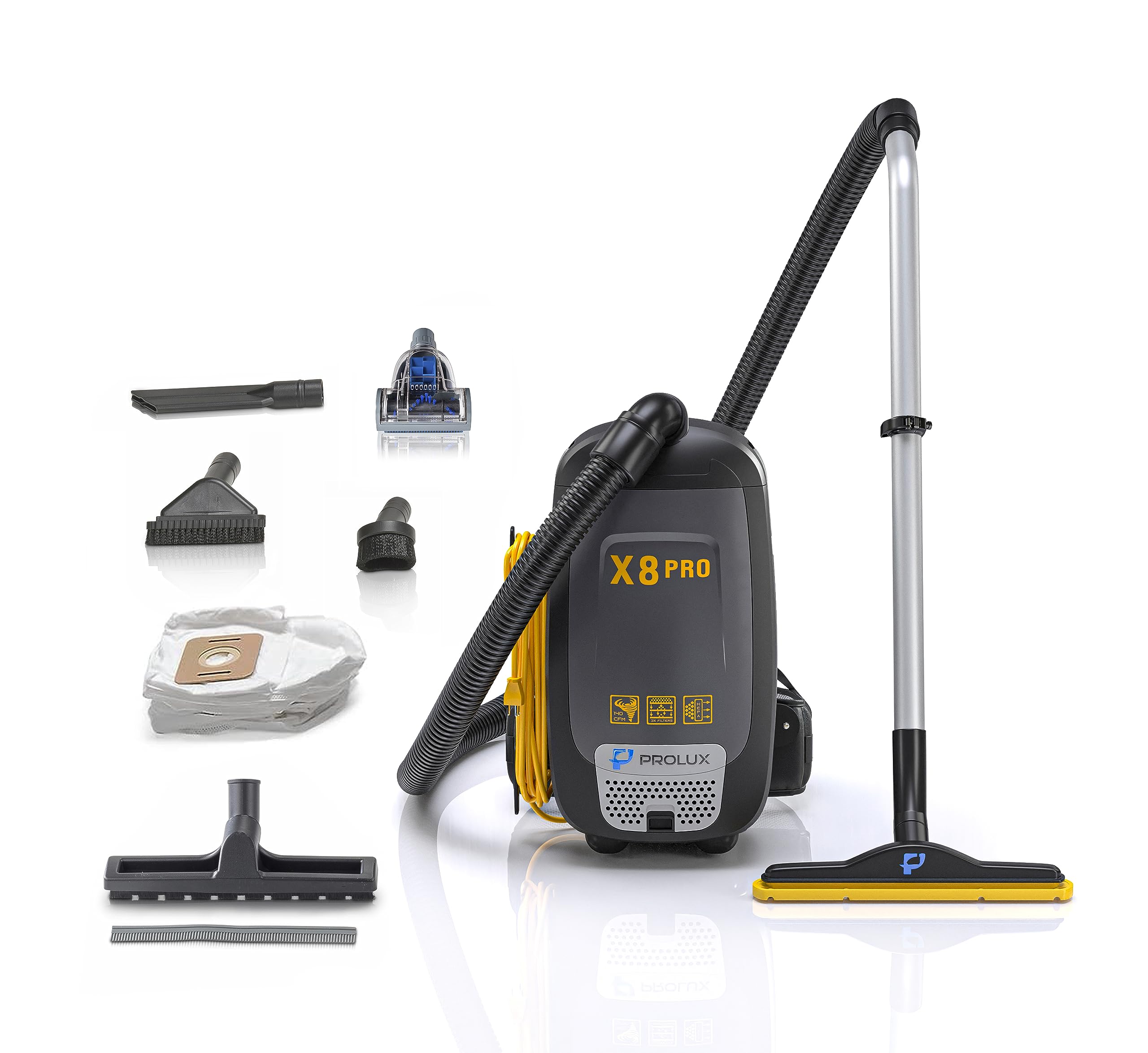 Prolux X8 Pro Backpack Canister Vacuum, Cleaner Air with 4 Stage Filtration, Super-Suction Power, 50' Power Cord, Adjustable Straps, Gadgets Galore Including Crevice, Duster & Upholstery
