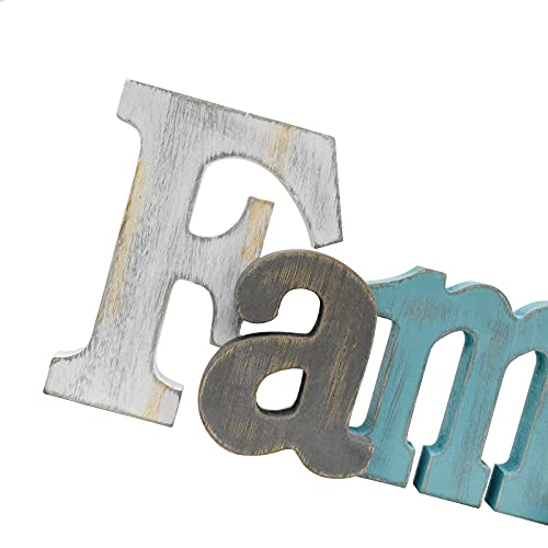 E-view Wooden Letters Sign Decorative Wood Block Signs Freestanding Word Cutout Distressed Teal Sign for Shelf Table Mantle Hanging Ornament Rustic Home Decor (Family)