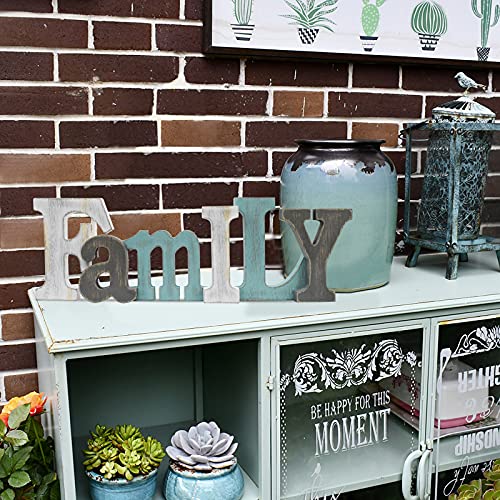 E-view Wooden Letters Sign Decorative Wood Block Signs Freestanding Word Cutout Distressed Teal Sign for Shelf Table Mantle Hanging Ornament Rustic Home Decor (Family)
