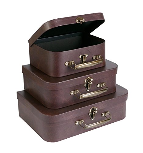 Paperboard Suitcases Set of 3, Brown Leather - Vintage Cardboard Suitcase Decor, Nesting Luggage Decorative Mache Boxes with Hinged Lids and Brass Handle, Mini Suitcases for Centerpieces, Photo Props
