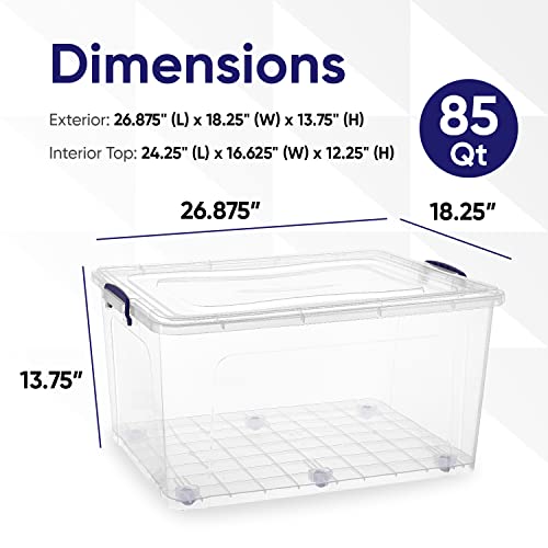 Superio 85 Qt Storage Container with Wheels, Stackable Large Storage Containers with Lid, Durable Latches, Opaque Clear (65)