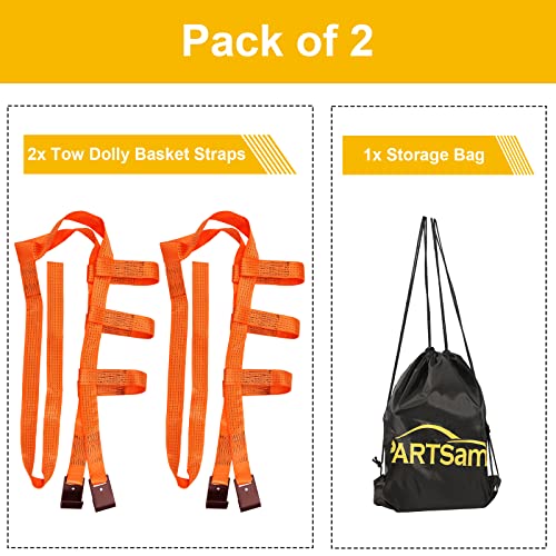 Partsam Tow Dolly Basket Straps - 2 Pack Equipped with Flat Hooks, Car Wheel Straps System Tire Net, Fits 15"-19" Tires/Wheels, 10000 lbs Break Strength, Orange, with 1 Carrying Bag