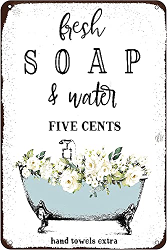 Vintage Art Metal Tin Sign Hot Soap Water Five Cents Retro Metal Signs,for Garage Family Bar Cafe Room Bathroom Art Wall Decor Poster 12 x 8 inch