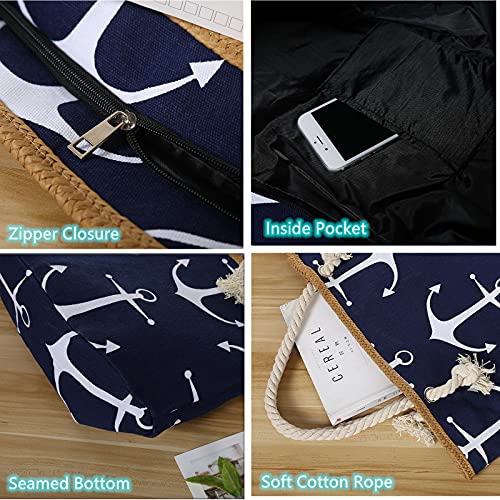 Large Canvas Tote Bag for Women,bolso shopper de lona Beach Tote Bags,Top Zip Tote with Inner Pocket for Travel,Working,Shopping, Blue, One Size