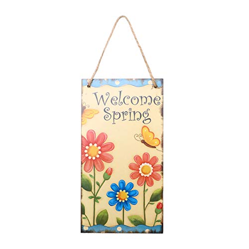 OULII Easter Gift Happy Easter Plaque Wooden Hanging Plaque Festival Wall Door Decorative Sign Hanger Home Decoration Photo Props Favors (Welcome Spring)