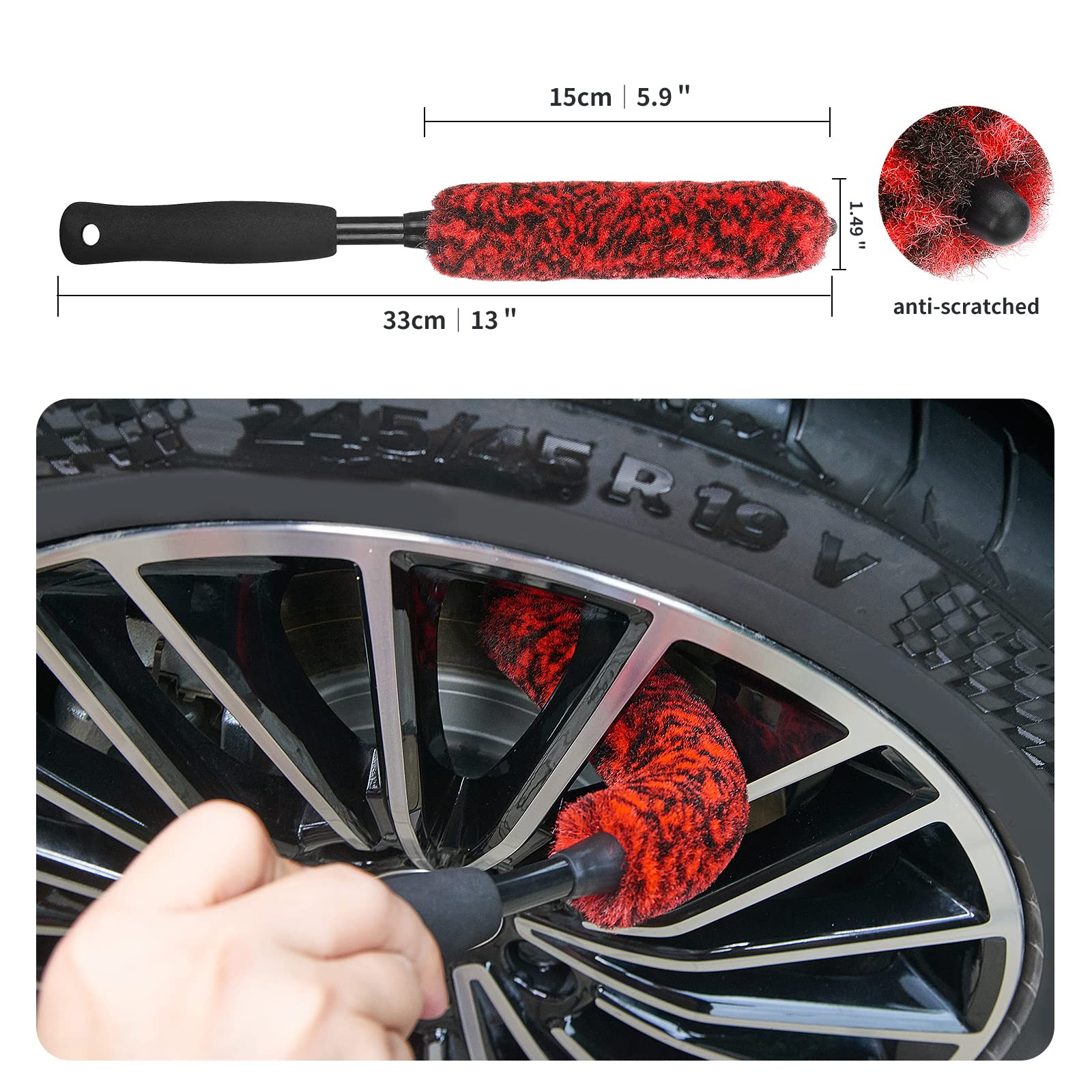 XCGaidt Car Wool Wheel Brushes for Cleaning Wheels Set (3 Pack), Metal-Free Tire Brushes Kit, Soft Wheel Brushes for Cleaning Tires and Rims