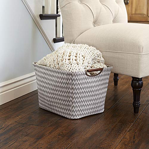 Household Essentials 661-1 Medium Tapered Fabric Storage Bin with Wood Handles | Brown Chevron