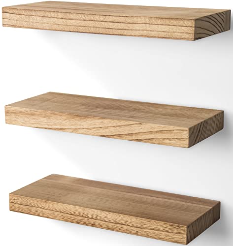 Wood Floating Shelves Wall Mounted 17 inch, 3 Tier Rustic Wooden Wall Shelves for Bathroom Living Room Bedroom Laundry Kitchen Storage Farmhouse Decor, Set of 3