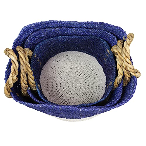 Deco 79 Seagrass Handmade Two Toned Storage Basket with Handles, Set of 3 17", 15", 13"W, Blue