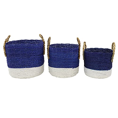 Deco 79 Seagrass Handmade Two Toned Storage Basket with Handles, Set of 3 17", 15", 13"W, Blue