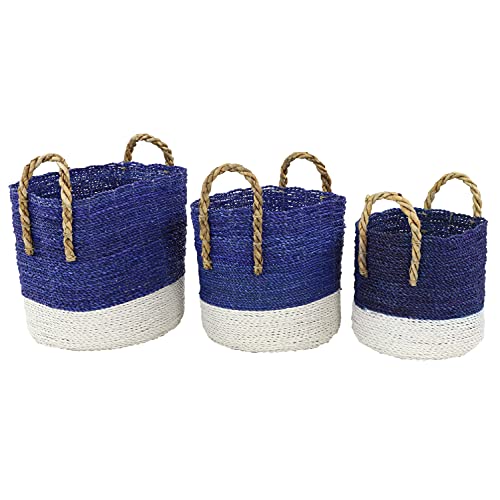 Deco 79 Seagrass Handmade Two Toned Storage Basket with Handles, Set of 3 17", 15", 13"W, Blue
