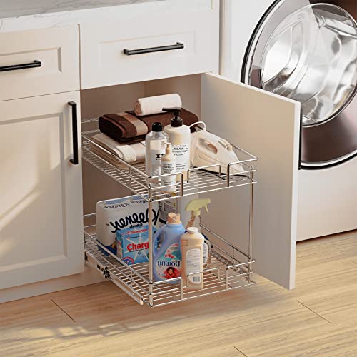 ROOMTEC New Version Pull Out Cabinet Organizer for Base Cabinet (11" W X 18" D), Kitchen Cabinet Organizer and Storage 2-Tier Cabinet Pull Out Shelves Under Cabinet Storage for Kitchen Silver,Chrome