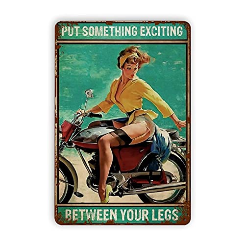Motorcycle Pinup Girl Put Something Exciting Metal Tin Signs Reproduction, Vintage Wall Decor Retro Art Tin Sign Funny Decorations for Home Bar Pub Cafe Farm Room Metal Posters 8x12 Inch