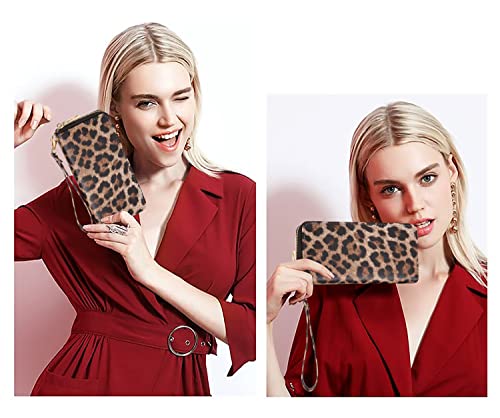 Fanwill Leopard Print Wallet For Women Ladies Cheetah Wrist Purse Zip Around Card Holder (Brown)