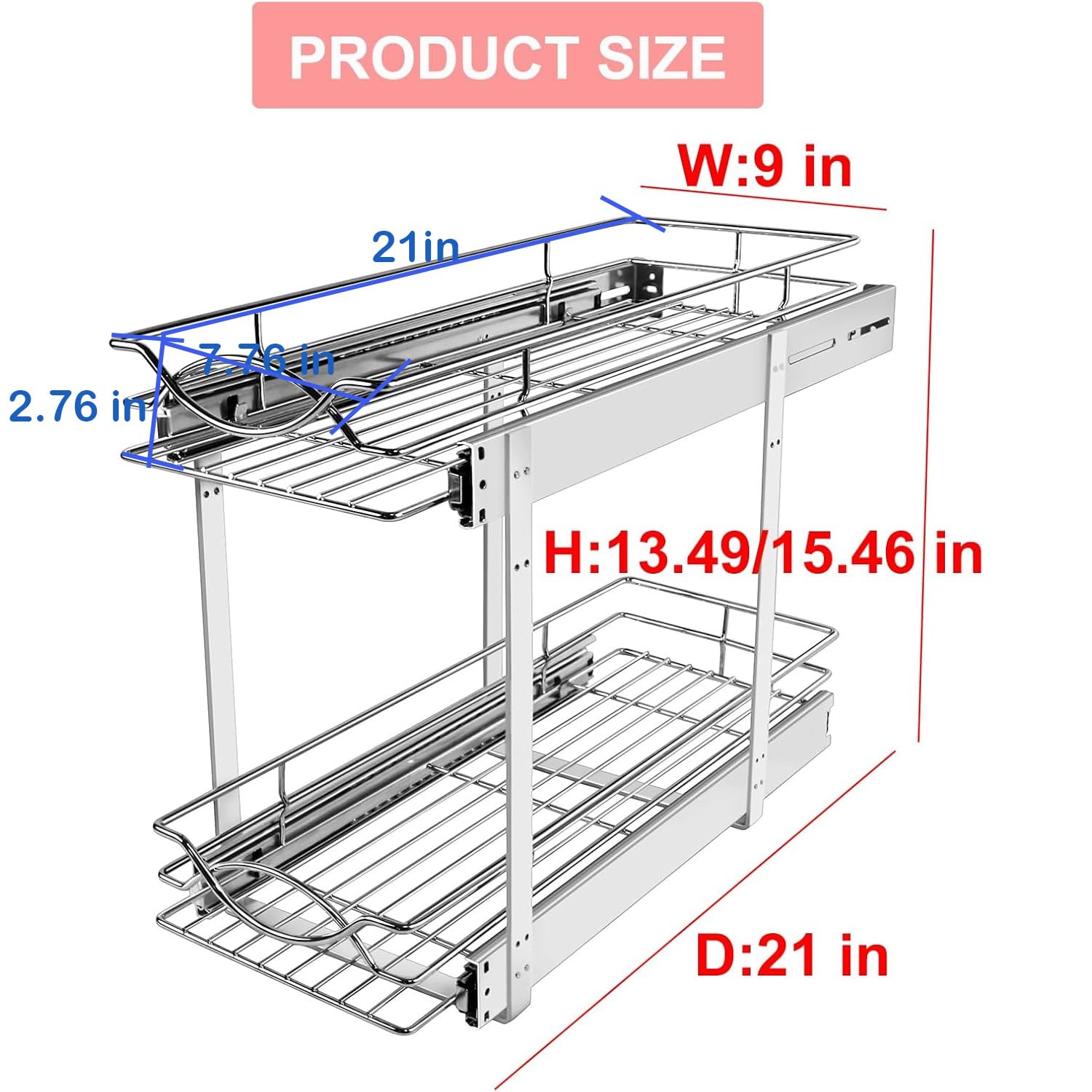 Sikarou Pull Out Cabinet Organizer 9" W x 21" D 2-Tier Individual Slide Out Drawer Pantry Shelf Storage for Kitchen Base Cabinet Organization ​for Kitchen, Bathroom, Pantry, Chrome
