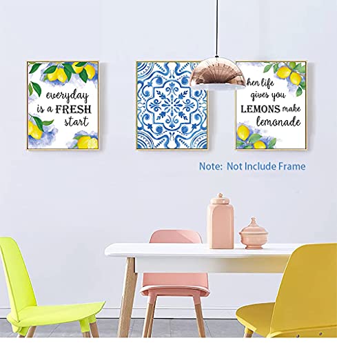 XUOIAYNB Blue Flower Pattern Lemon Art Print-- Mexican Tile Lemon Fruit with Inspirational Quote Canvas Wall Art--(8”X10”X6 pcs, Unframed)--Perfect for Kitchen Bedroom Decoration