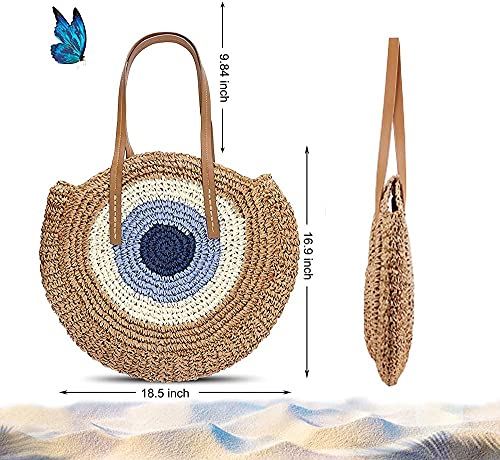 Straw Bag Round Woven Zippered Shoulder Bag Crossbody Bags Handwoven Handbags Evil Eye-khaki