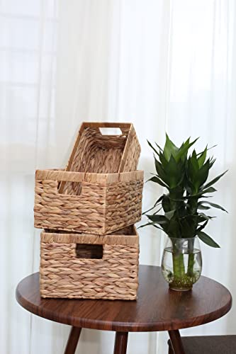 Water Hyacinth Wicker Baskets for Organizing, Rectangular Wicker Baskets with Built-in Handles 3-Pack