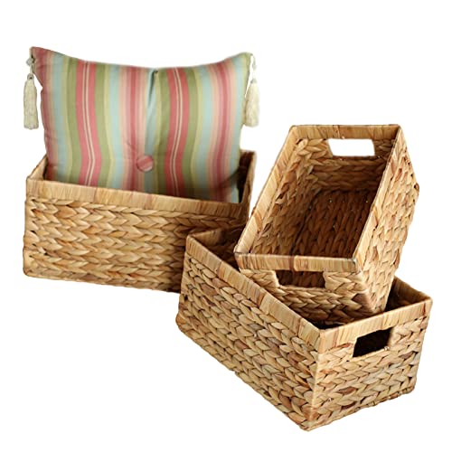 Water Hyacinth Wicker Baskets for Organizing, Rectangular Wicker Baskets with Built-in Handles 3-Pack