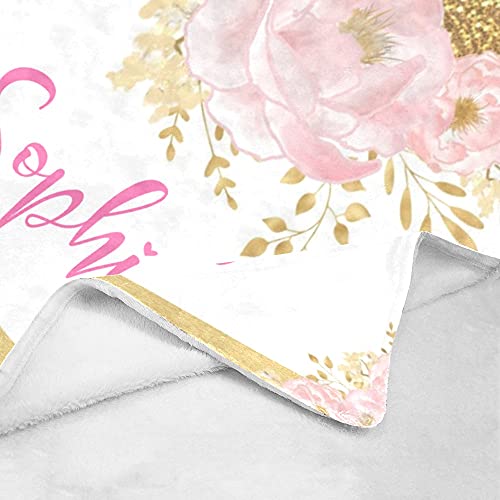 Custom Blanket Personalized Blush Floral Gold Soft Fleece Throw Blanket with Name for Gifts Sofa Bed (50 X 60 inches)