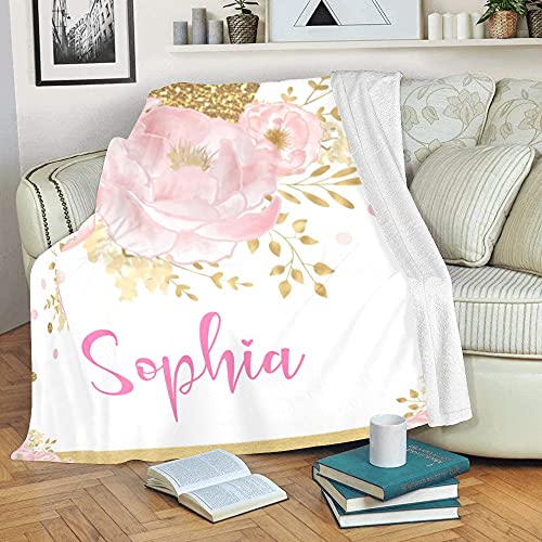 Custom Blanket Personalized Blush Floral Gold Soft Fleece Throw Blanket with Name for Gifts Sofa Bed (50 X 60 inches)
