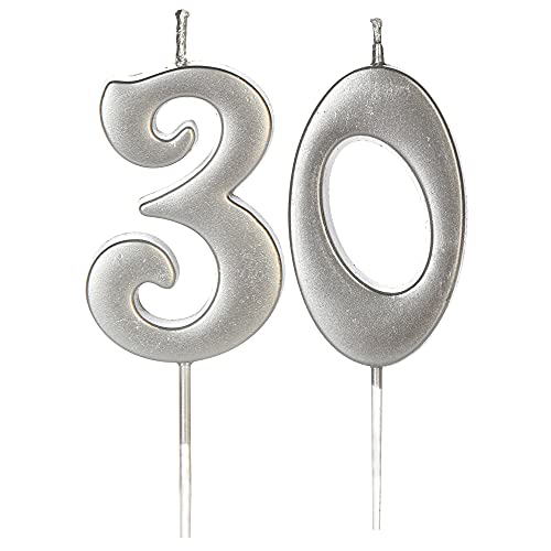 Silver 30th Birthday Candles for Cake, Number 30 1 3 Glitter Candle Party Anniversary Cakes Decoration for Kids Women or Men