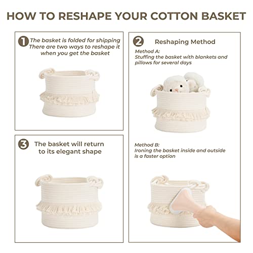 CherryNow Small Woven Storage Baskets Cotton Rope Decorative Hamper for Diaper, Blankets, Magazine and Keys, Cute Tassel Nursery Decor - Home Storage Container β 9.5'' x 7''