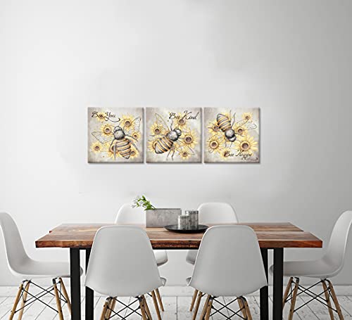 iHAPPYWALL 3 Pieces Honey Bee Canvas Wall Art Insect Bee Yellow Sunflower Bee Kind Happy Bee You Motivational Quotes Artwork for Kitchen Bedroom Modern Home Decor Framed Ready to Hang 12x12inchx3pcs