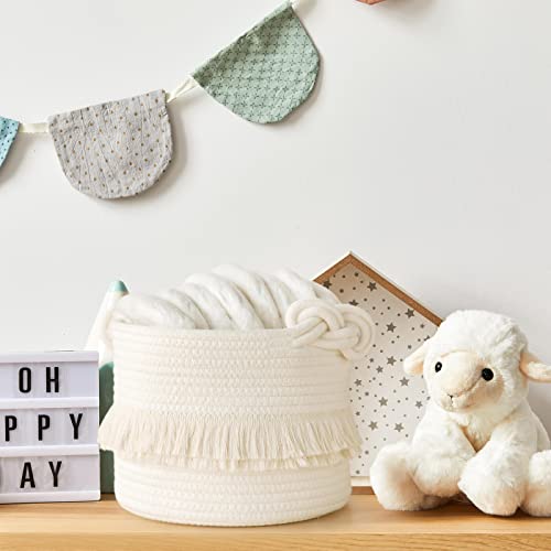 CherryNow Small Woven Storage Baskets Cotton Rope Decorative Hamper for Diaper, Blankets, Magazine and Keys, Cute Tassel Nursery Decor - Home Storage Container β 9.5'' x 7''