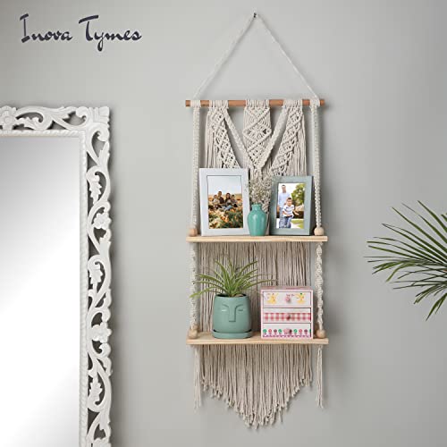 INOVA TYMES Macrame Wall Hanging Shelf 2 Tier - Boho Bedroom Decor | Macrame Wall Decor | Boho Shelf Decor, Hanging Shelves for Wall, Woven Rope Floating Wood Shelves & Storage for Small Plants Books