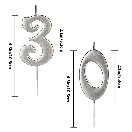 Silver 30th Birthday Candles for Cake, Number 30 1 3 Glitter Candle Party Anniversary Cakes Decoration for Kids Women or Men