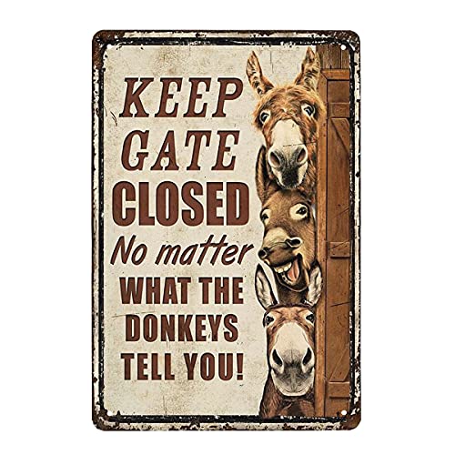 GEDSINGFarm Keep Gate Closed Metal Sign, Gift for Farmer, Donkey Lover Gift, Donkey Warning Sign, Welcome Sign, Vintage Rust Styled Farmhouse Decor 8x12