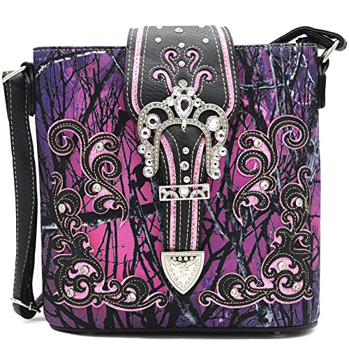Camouflage Rhinestone Western Cross Body Handbags Concealed Carry Purse Country Women Single Shoulder Bag (#2 Buckle Purple)