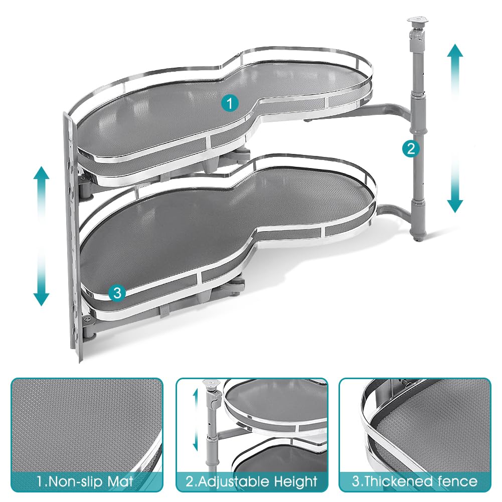 Corner Blinds, 2 Tier Adjustable Swing Pull Out Organizer with Strong Load Bearing, Smoothly Rotation, Maximizes Space, Wide Usage for Blind Corner Cabinet (Right Open)