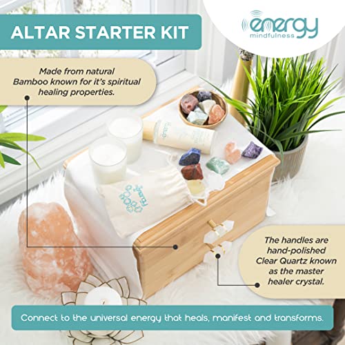 Energy Mindfulness Altar Starter Kit with Altar Cloth, Sage Spray, 2 Soy Wax Candles, 7 Chakra Healing Crystals - Bamboo Wooden Box with Fold-Out Table Top & Drawers with Quartz Crystal Handles