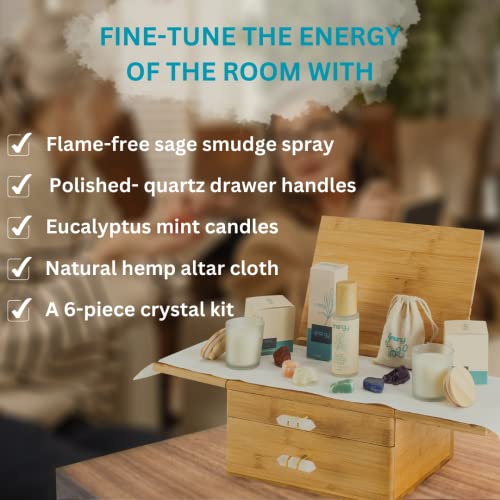 Energy Mindfulness Altar Starter Kit with Altar Cloth, Sage Spray, 2 Soy Wax Candles, 7 Chakra Healing Crystals - Bamboo Wooden Box with Fold-Out Table Top & Drawers with Quartz Crystal Handles