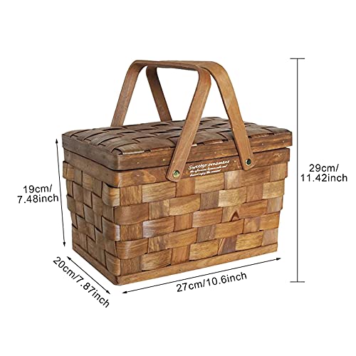 Picnic Basket with Folding Handles, Wooden Hamper Wedding Bread Display Picnic Basket Prop with Lid (Coffee)