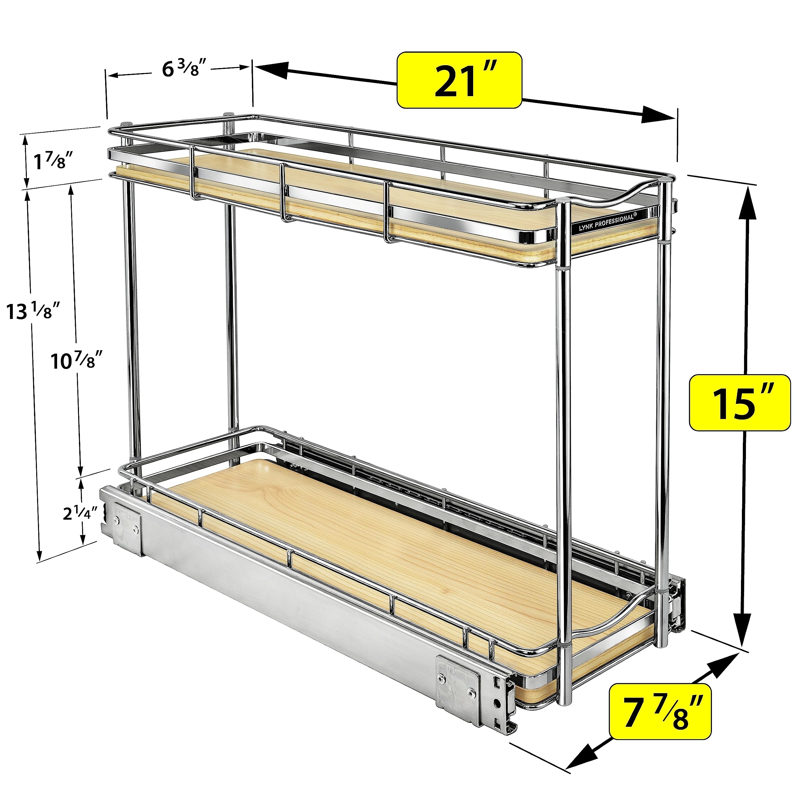LYNK PROFESSIONAL® Élite™ Pull Out Spice Rack Organizer for Inside Kitchen Cabinets - 6"x21" - Slide Out Drawer – Wood/Chrome Sliding Spice Cabinet Organization Shelf Racks - 2 Tier