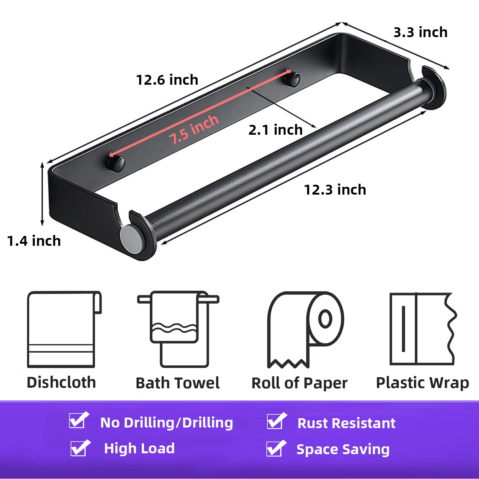 Paper Towel Holder Under Cabinet - Matte Black Paper Holder for Kitchen Easy Installation No Drilling Aluminium Wall Mount Paper Towel Holder for Pantry Sink Bathroom with 3 Adhesive Hooks, Easy Tear