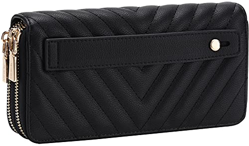B BRENTANO Vegan Leather Double Zipper Pocket Wallet with Grip Hand Strap (Chevron Embroidered Black)