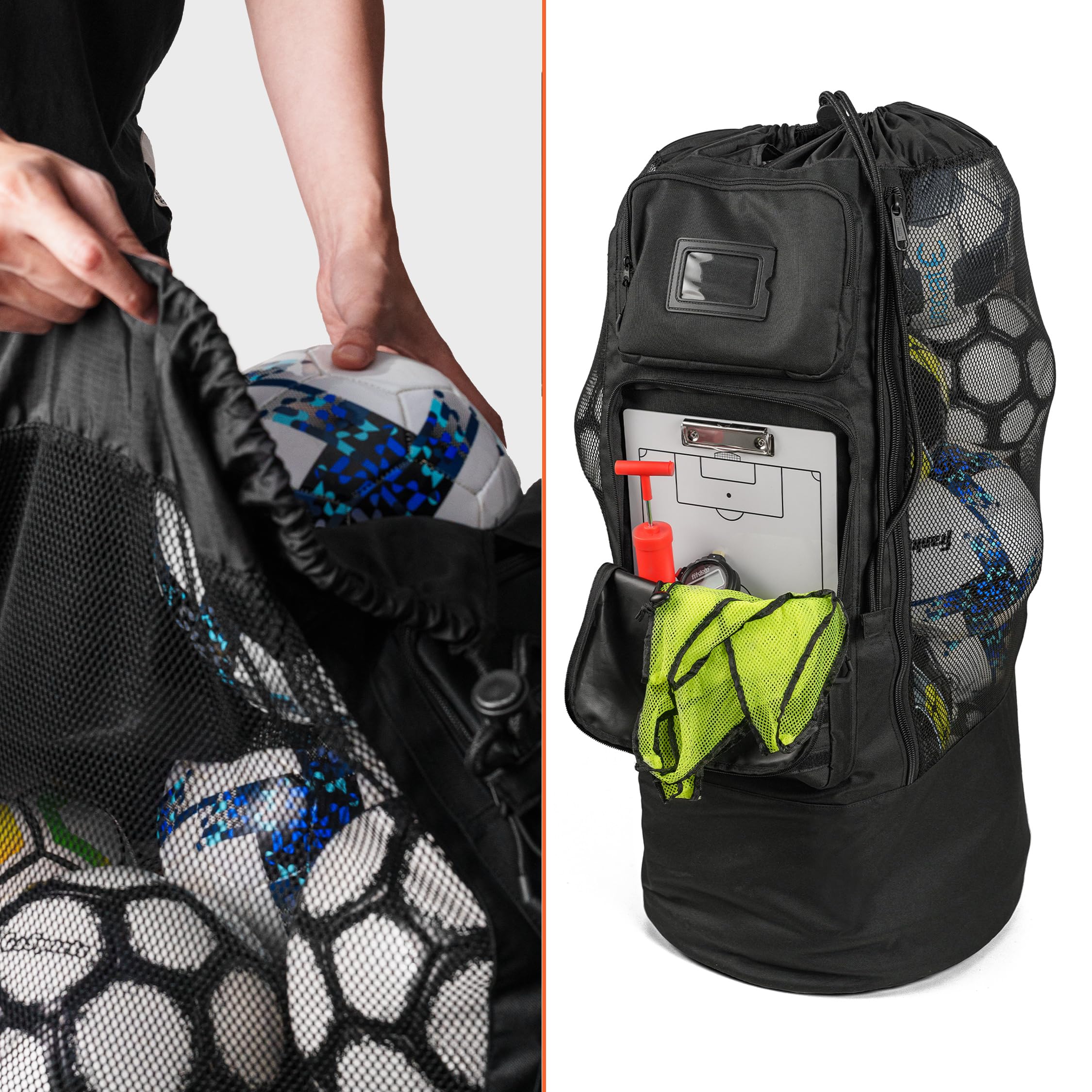 Fitdom Heavy Duty XL Soccer Mesh Equipment Ball Bag w/Adjustable Backpack Shoulder Strap Design for Coach. 2 Different Size Front Pockets for Sporting Accessories. Best for All Outdoor & Water Gears