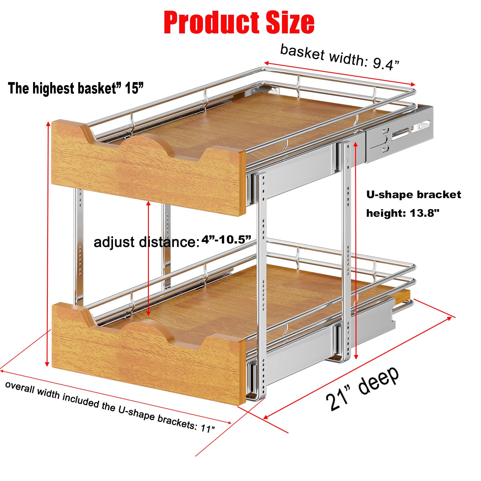 DINDON 2 Tier Pull Out Cabinet Organizer (11" W x 21" D) Slide Out Wood Shelf Organizers Double Tier Kitchen Wire Basket with Chrome Finish…