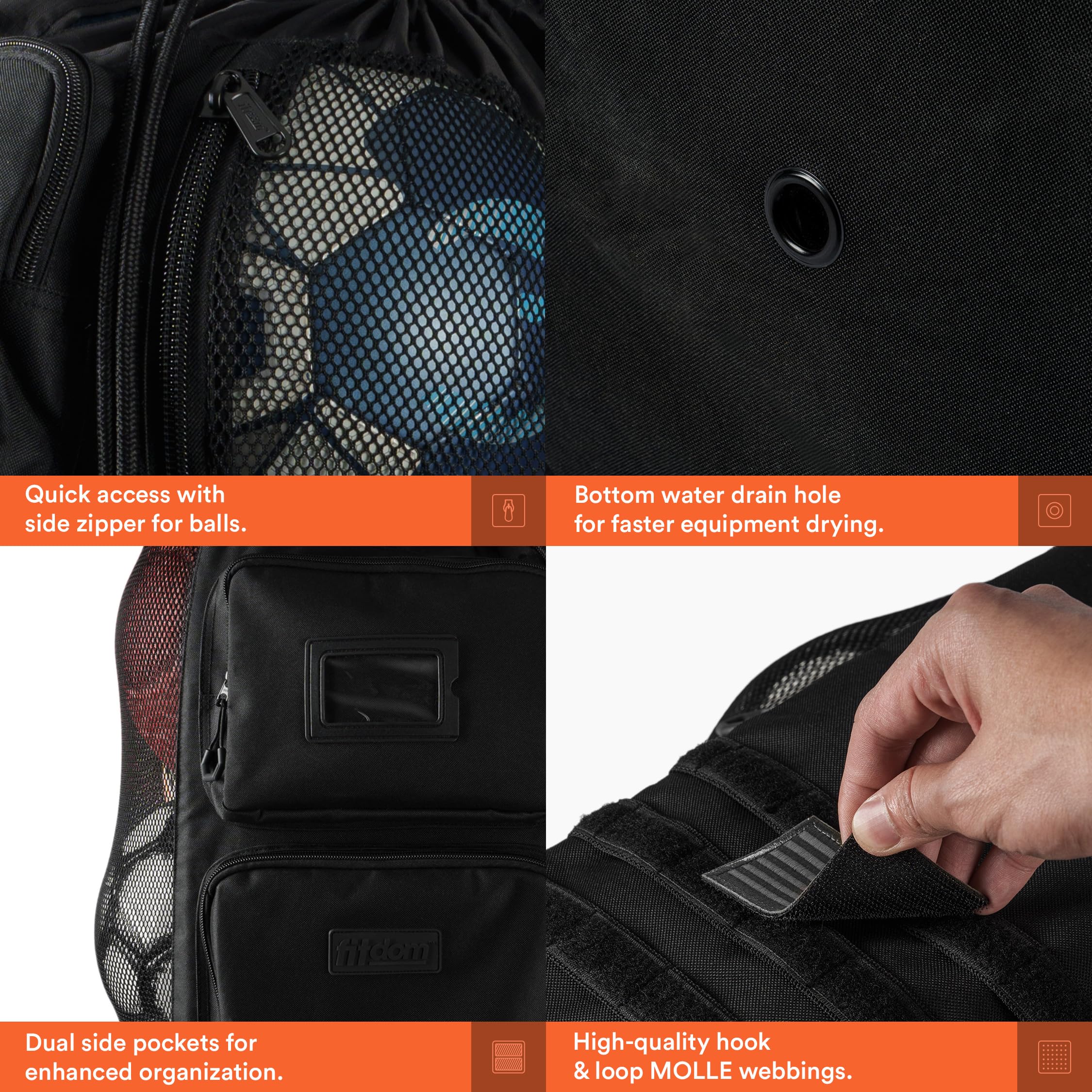 Fitdom Heavy Duty XL Soccer Mesh Equipment Ball Bag w/Adjustable Backpack Shoulder Strap Design for Coach. 2 Different Size Front Pockets for Sporting Accessories. Best for All Outdoor & Water Gears