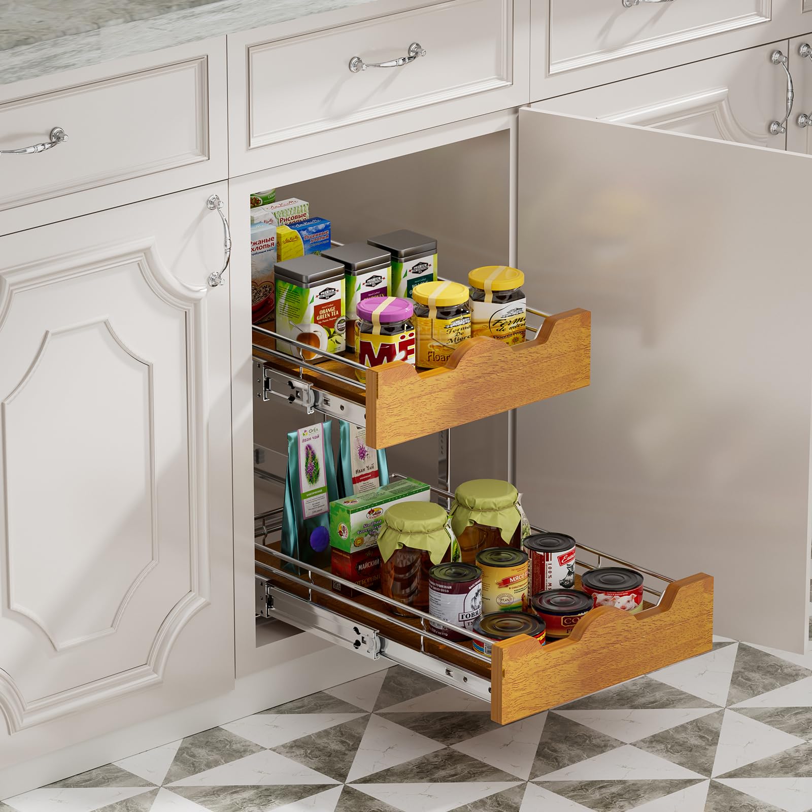 DINDON 2 Tier Pull Out Cabinet Organizer (11" W x 21" D) Slide Out Wood Shelf Organizers Double Tier Kitchen Wire Basket with Chrome Finish…